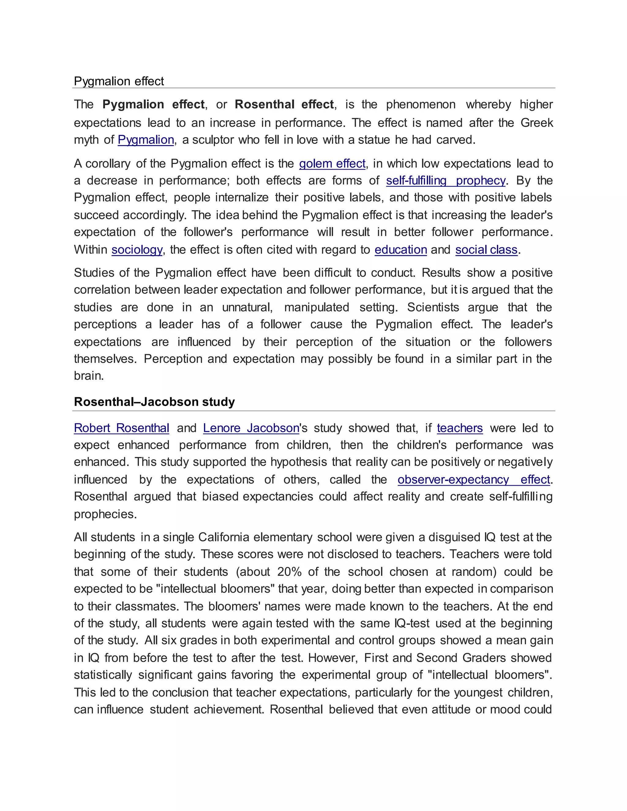 Pygmalion effect | DOCX | Educational Assessment | Education