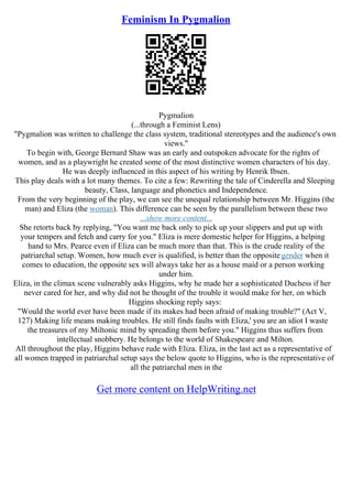 Pygmalion Essay Questions | PDF