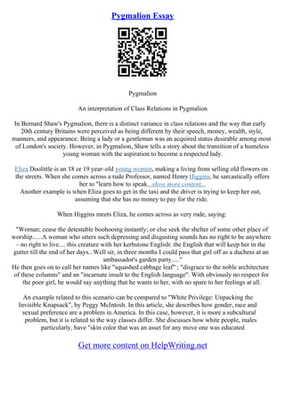 Pygmalion Essay Questions | PDF