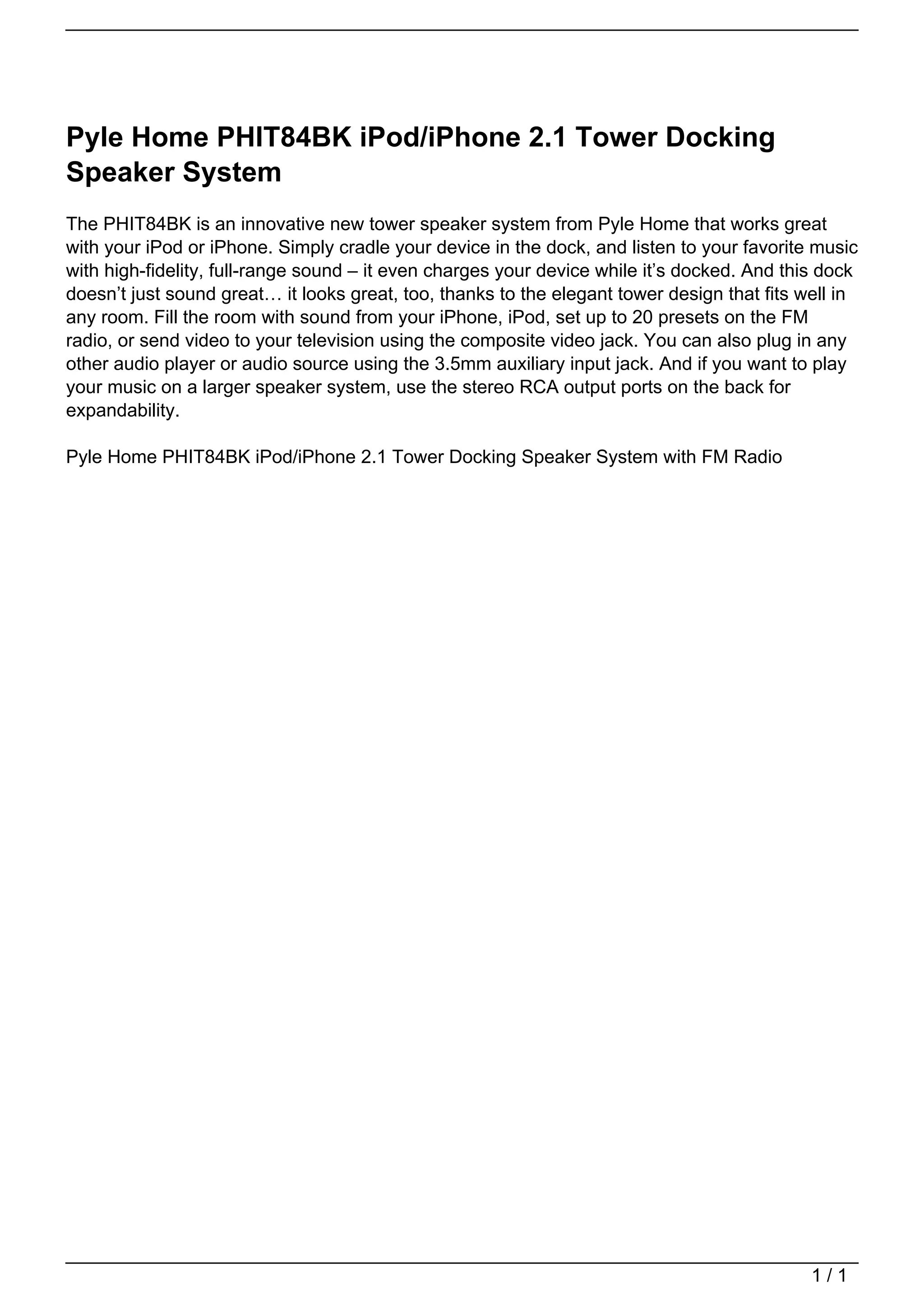 Pyle Home PHIT84BK iPod/iPhone 2.1 Tower Docking Speaker System | PDF