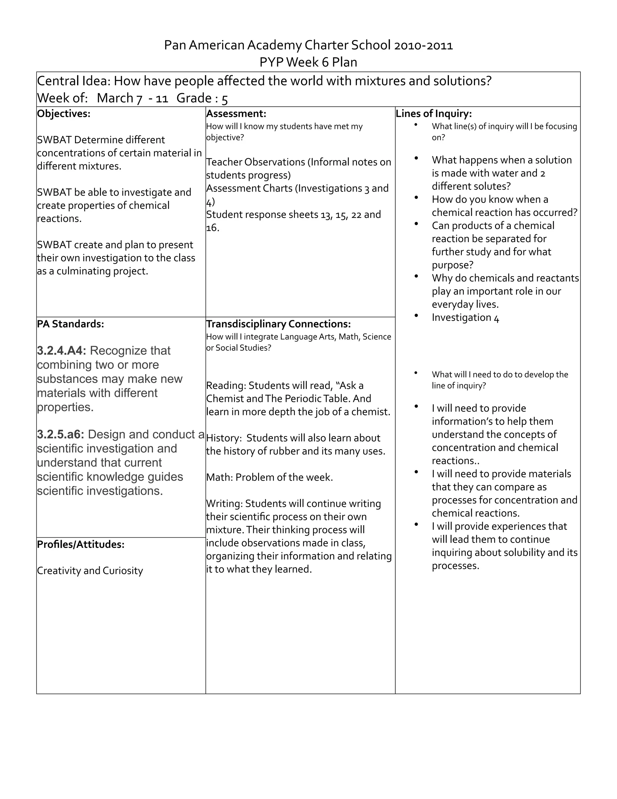 Pyp week 6 plan | PDF