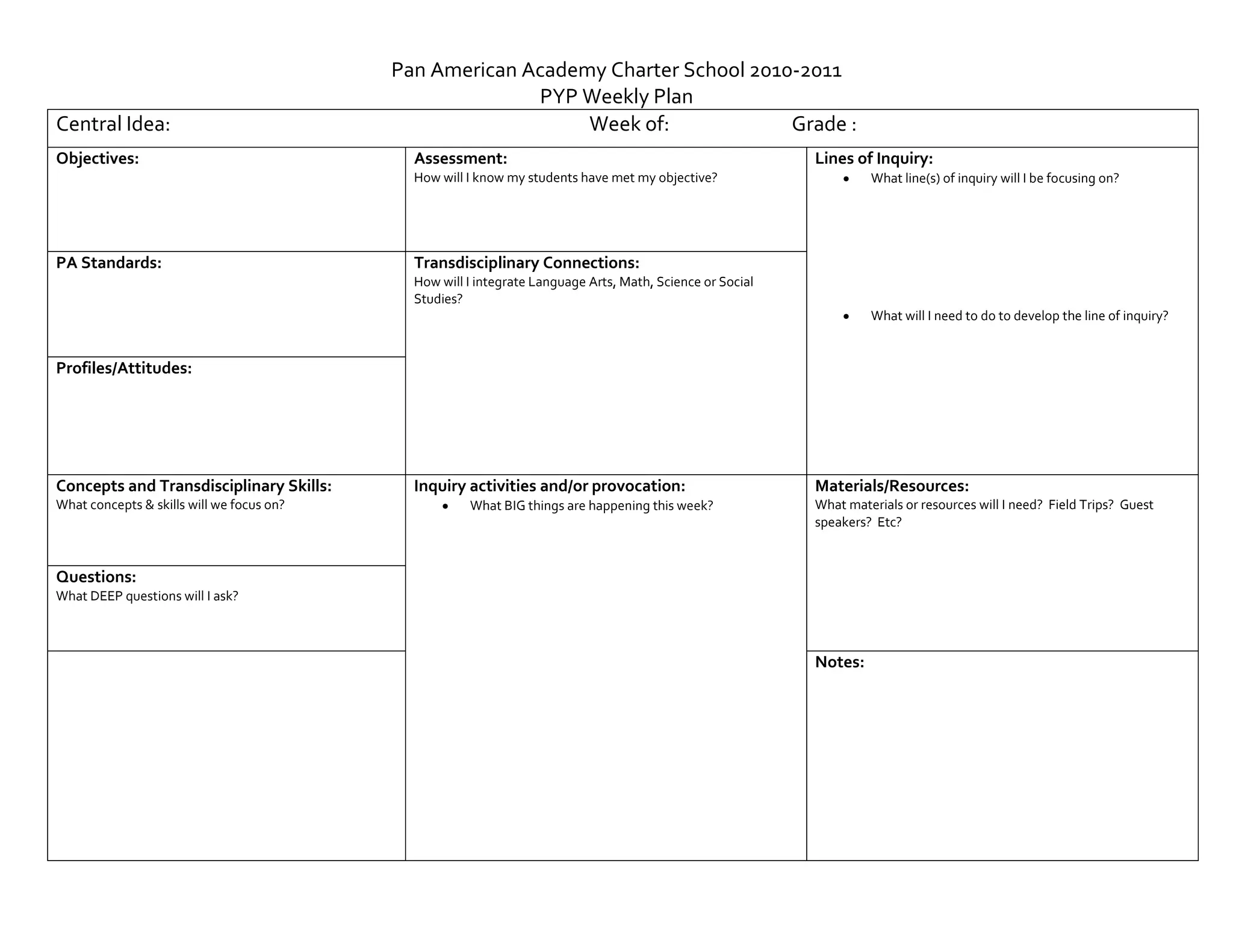 Pyp weekly plan5th grade | DOCX