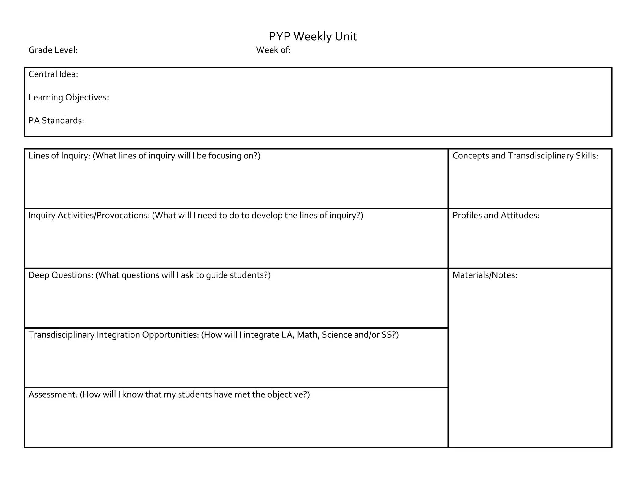 Pyp weekly plan5th grade | DOCX