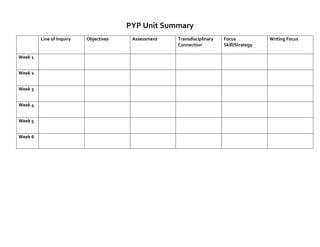 Pyp weekly plan5th grade | DOCX