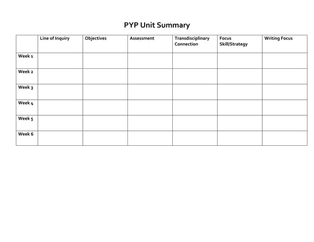 Pyp weekly plan5th grade | DOCX