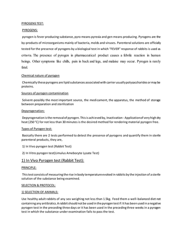 Pyrogens test | DOCX | Chemistry | Science