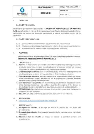 Pys adm-alm 001 procedimiento de despacho pysein ver 1 | DOCX