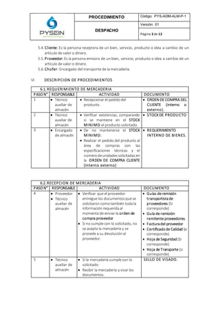 Pys adm-alm 001 procedimiento de despacho pysein ver 1 | DOCX