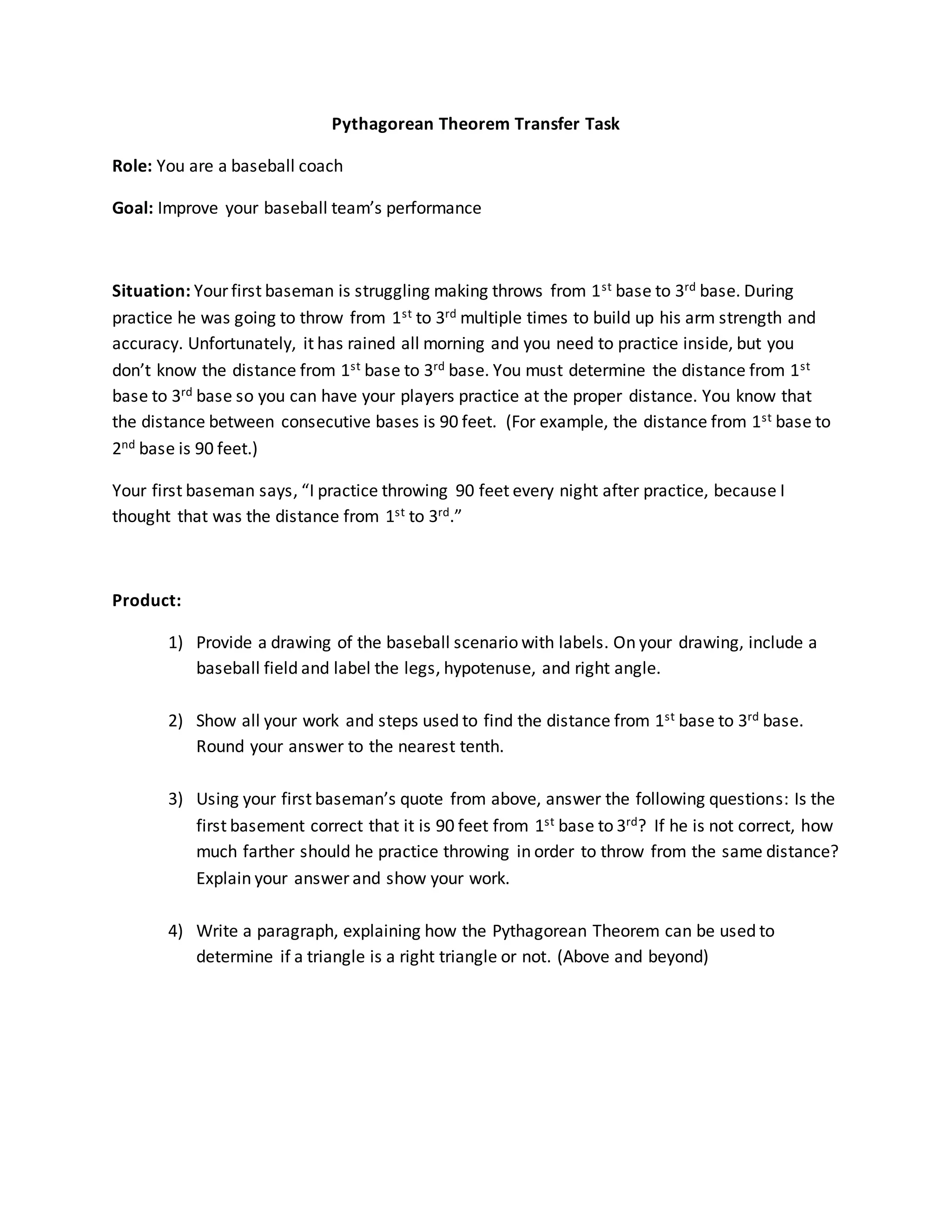 Pythagorean theorem transfer task #1 | DOCX