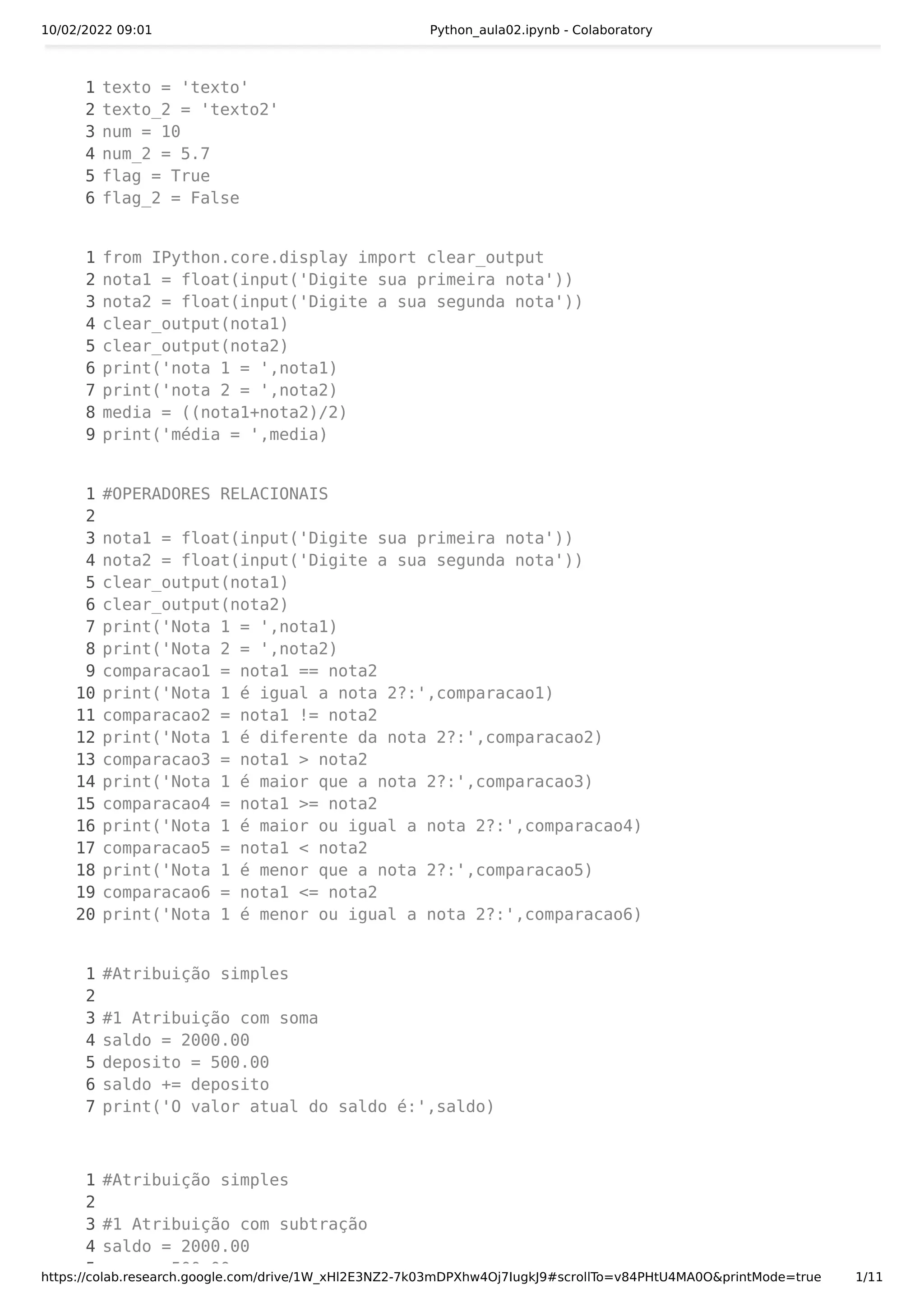 Python aula02.ipynb colaboratory | PDF