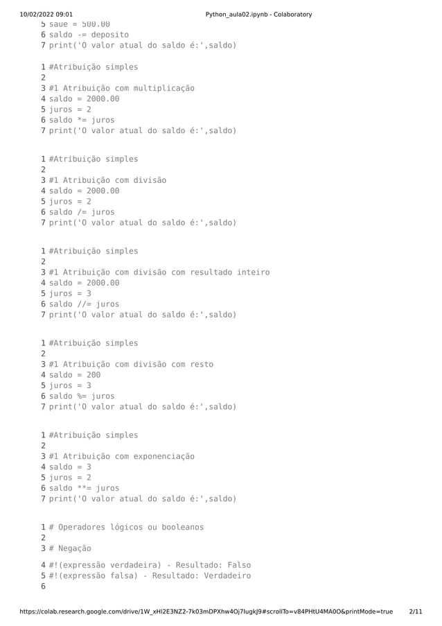 Python aula02.ipynb colaboratory | PDF