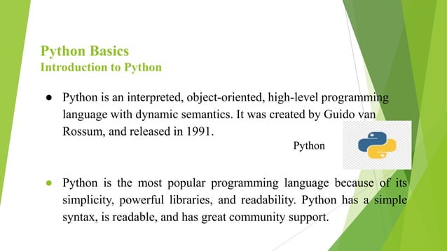 Introduction to Python programming Language | PPTX | Programming Languages | Computing