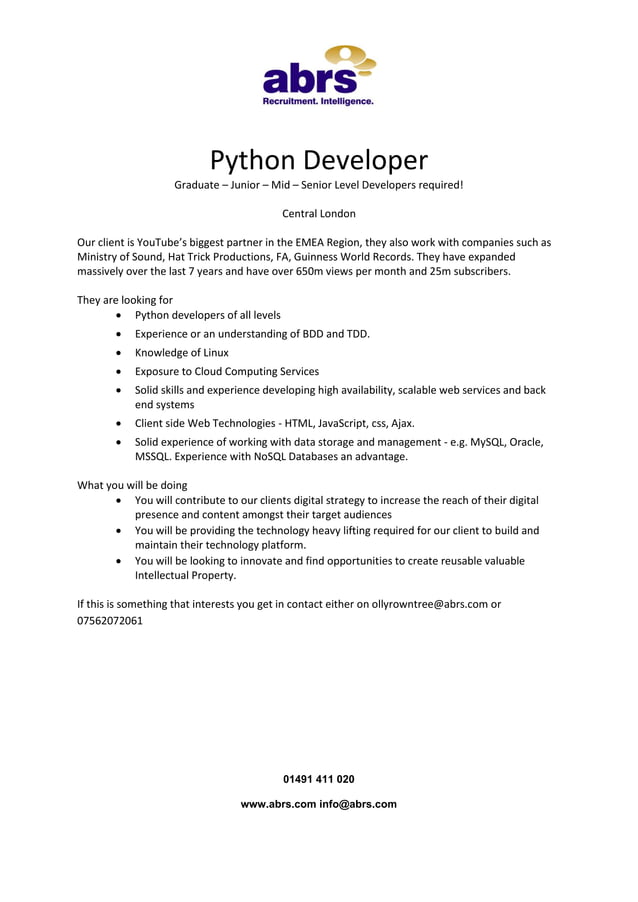 Python Developer job from @abrsRecruitment | PDF | Databases | Computer ...