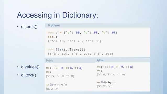 Python dictionary | PPTX | Programming Languages | Computing