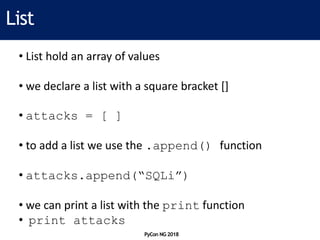Python for security professionals by katoh jeremiah [py con ng 2018] | PPT