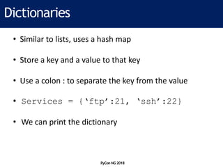 Python for security professionals by katoh jeremiah [py con ng 2018] | PPT