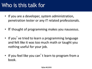 Python for security professionals by katoh jeremiah [py con ng 2018] | PPT