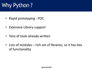 Python for security professionals by katoh jeremiah [py con ng 2018] | PPT