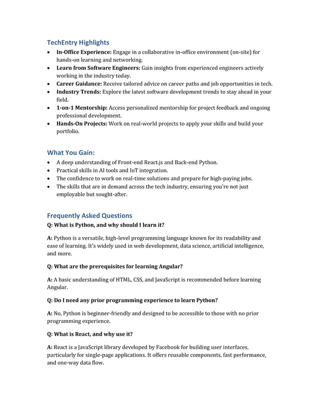 Python Full Stack Development Course AI + IoT Integrated | TechEntry | PDF