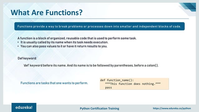 Python Functions Tutorial | Working With Functions In Python | Python Training | Edureka | PDF ...