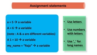Python variable assignments | JNTUA | R19 | UNIT 1 | PPT