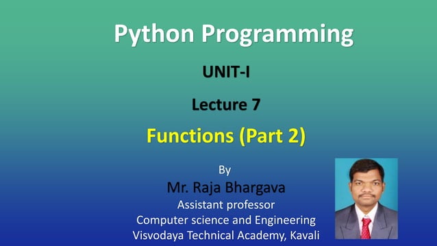 Python Introduction | JNTUA | R19 | UNIT 1 | Functions | PPT