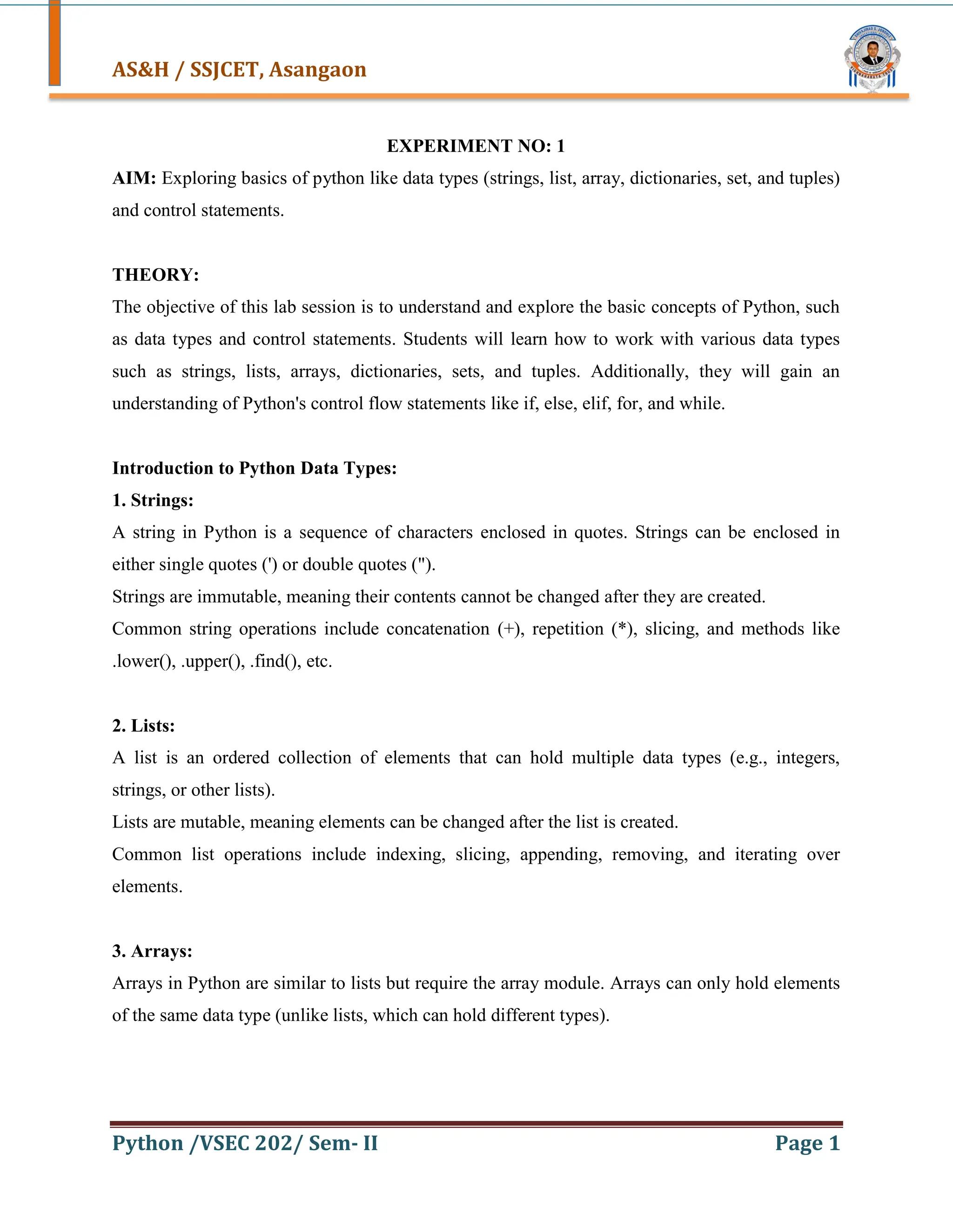 Python Lab Manual for First year Engineering students | PDF