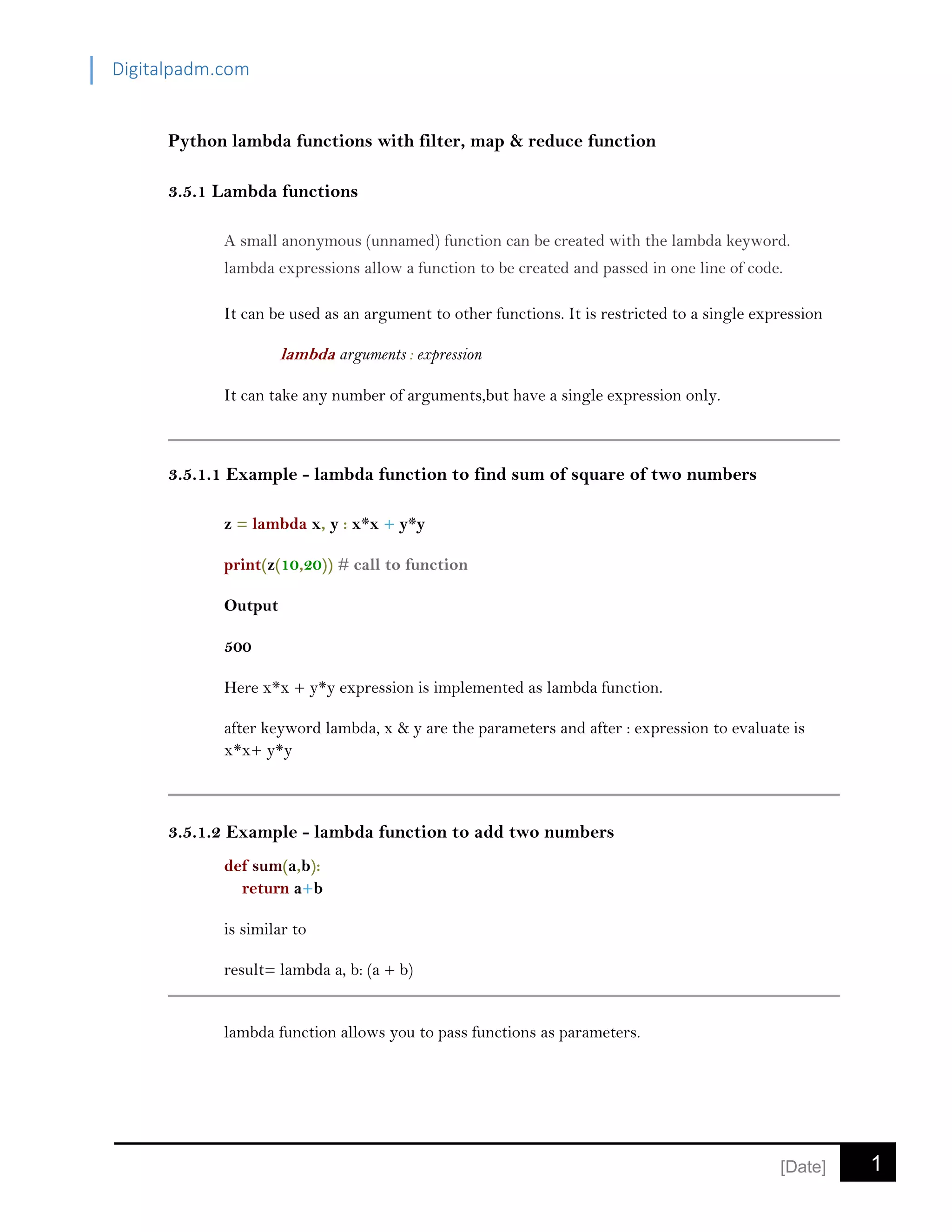 Python Lambda Functions With Filter Map And Reduce Function Pdf