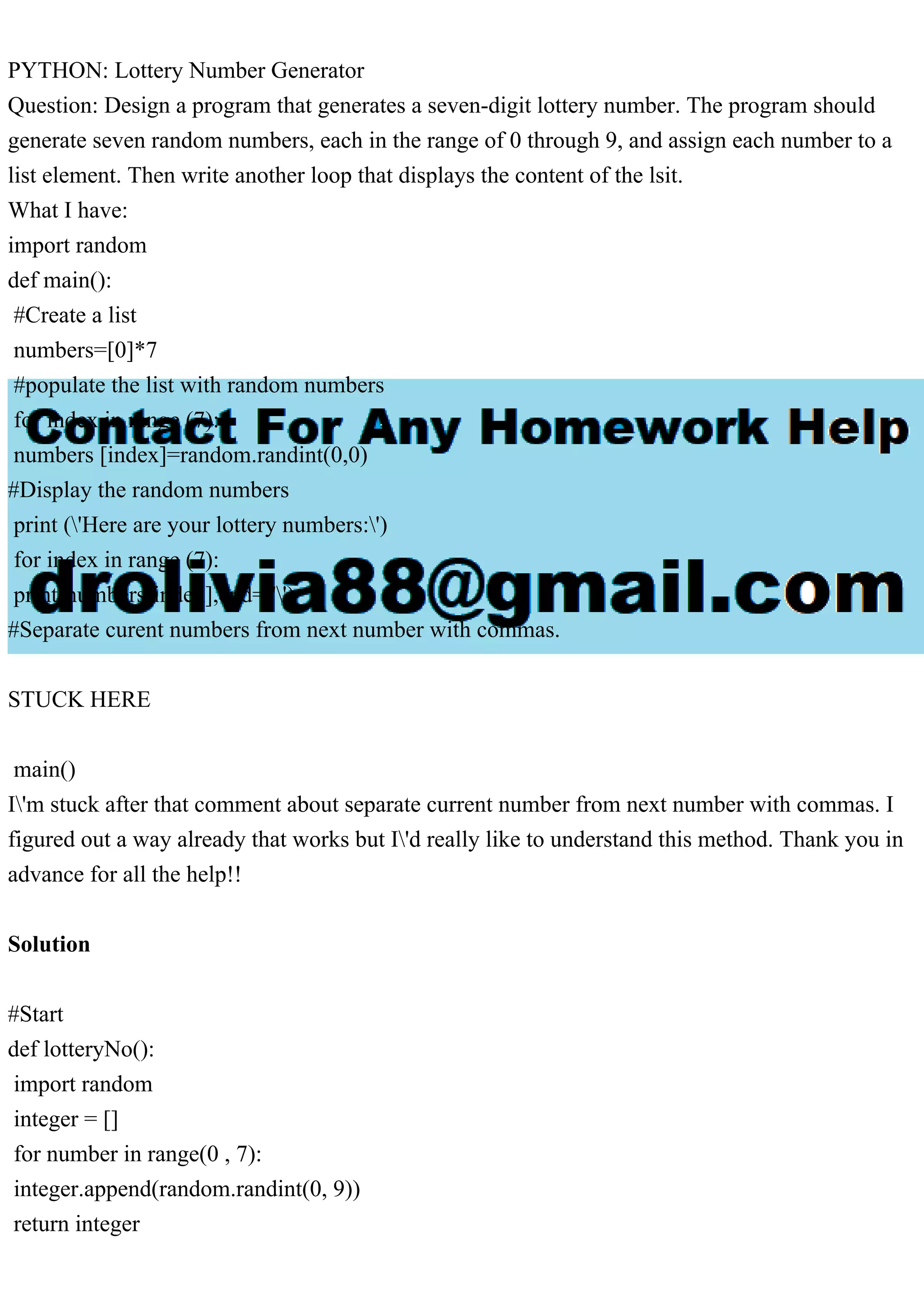 PYTHON Lottery Number GeneratorQuestion Design a program that ge.pdf | Programming Languages ...