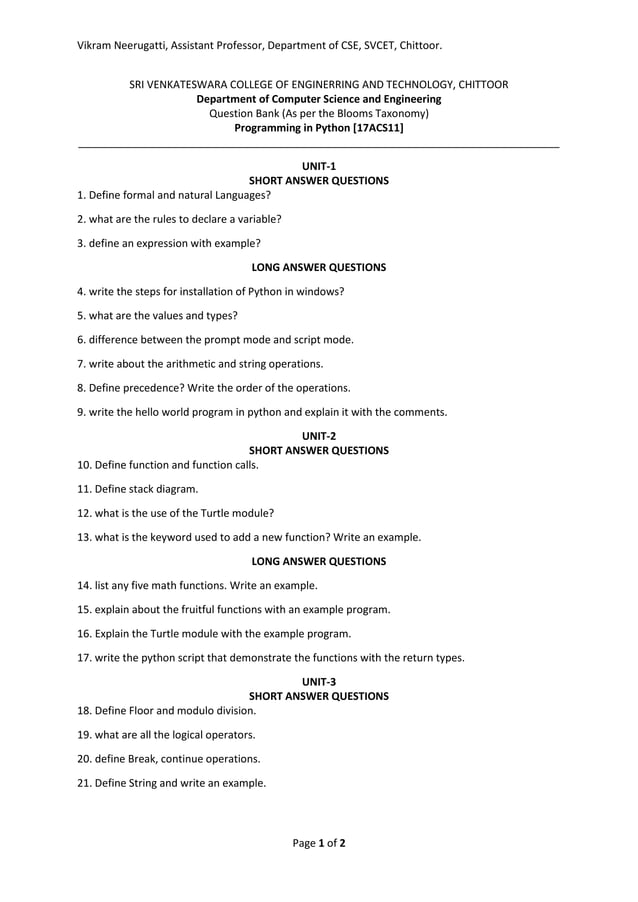 Python Question Bank Pdf Programming Languages Computing