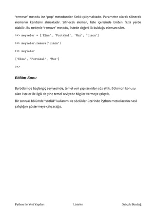 Python ile Veri Yapıları, Bölüm 1: Listeler | PDF