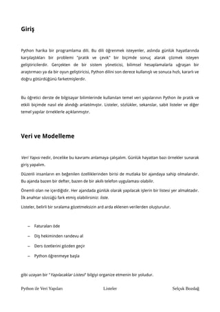 Python ile Veri Yapıları, Bölüm 1: Listeler | PDF