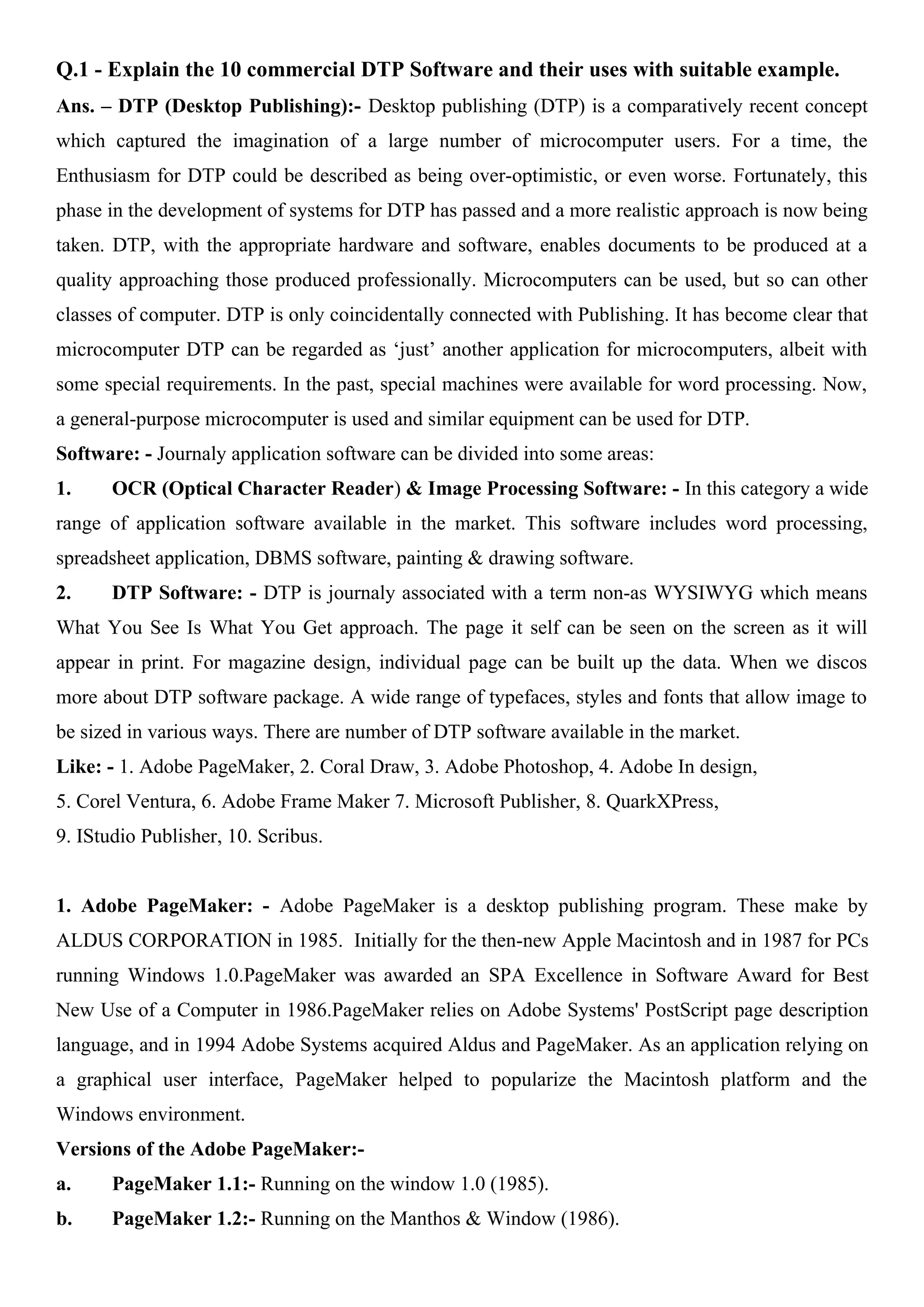 Explain the 10 commercial DTP Software and their uses with suitable ...
