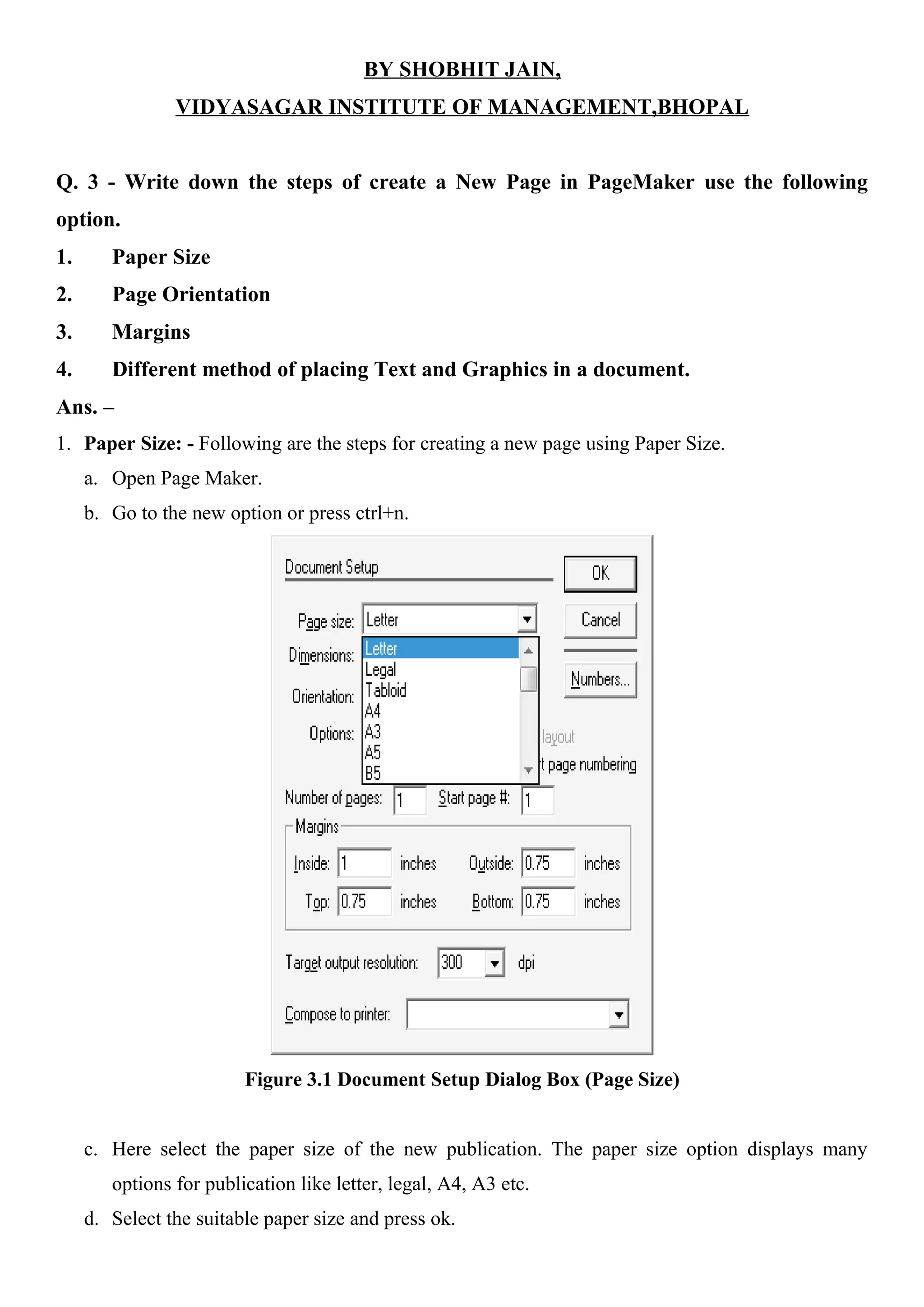Write down the steps of create a New Page in Page Maker use the ...