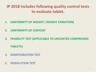 Q.C. tests of tablet dosage form as per the Indian Pharmacopoeia | PPTX ...