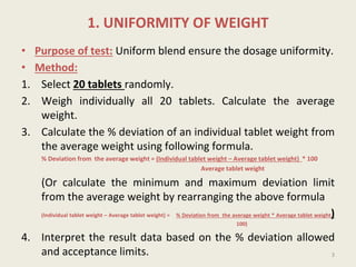 Q.c. tests of tablet dosage form as per indian pharmacopoeia 2018 | PPTX