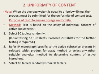 Q.c. tests of tablet dosage form as per indian pharmacopoeia 2018 | PPTX