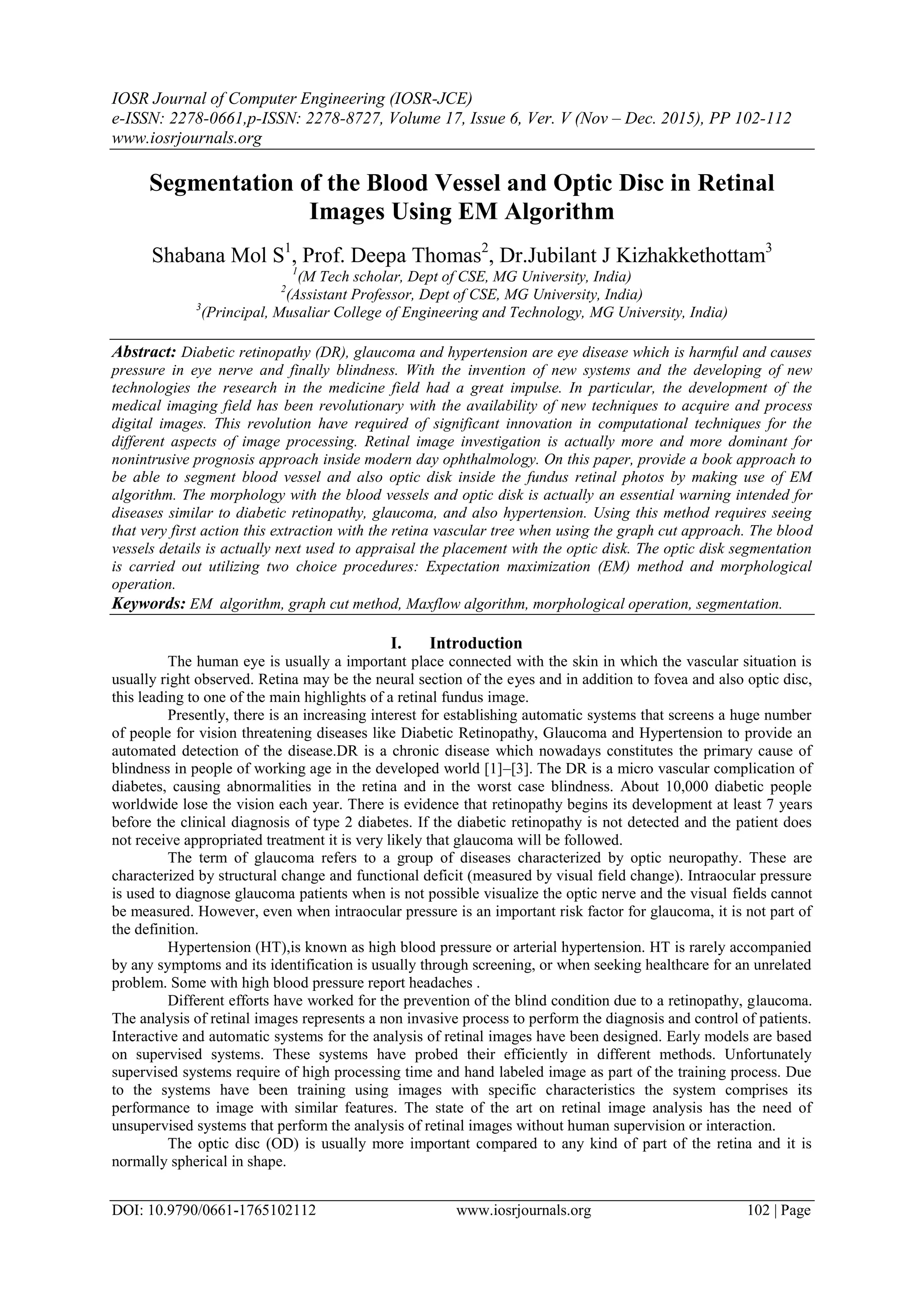 Segmentation of the Blood Vessel and Optic Disc in Retinal Images Using EM Algorithm | PDF