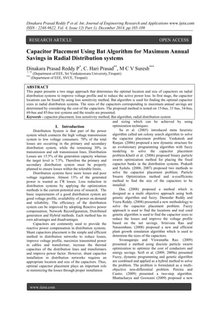 Capacitor Placement Using Bat Algorithm for Maximum Annual Savings in Radial Distribution ...