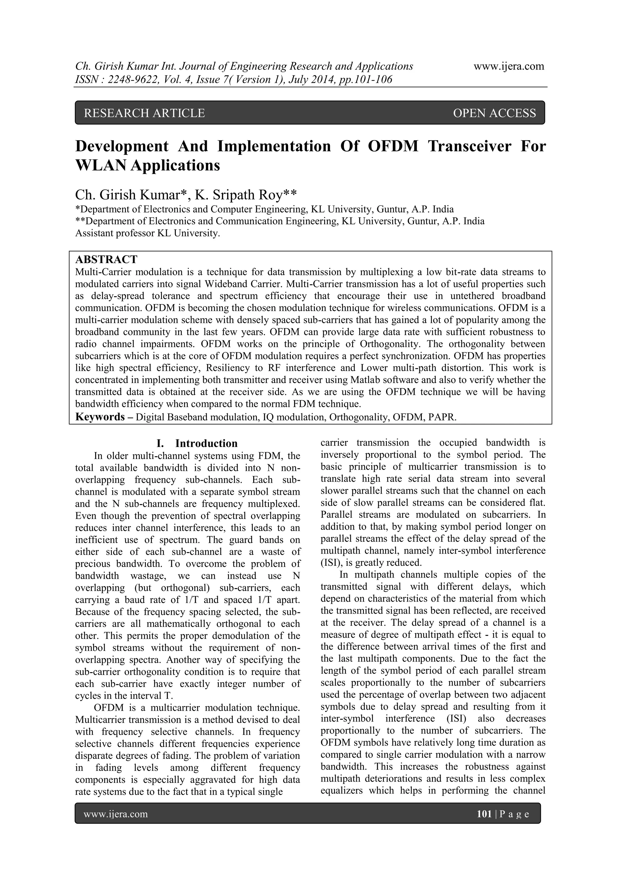Development And Implementation Of OFDM Transceiver For WLAN Applications | PDF | Computer ...