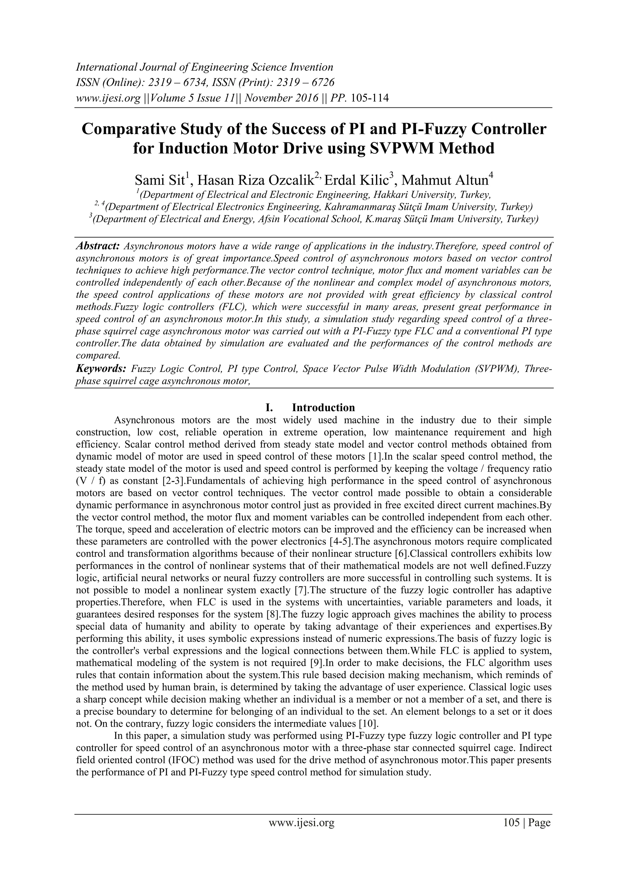 Comparative Study of the Success of PI and PI-Fuzzy Controller for ...