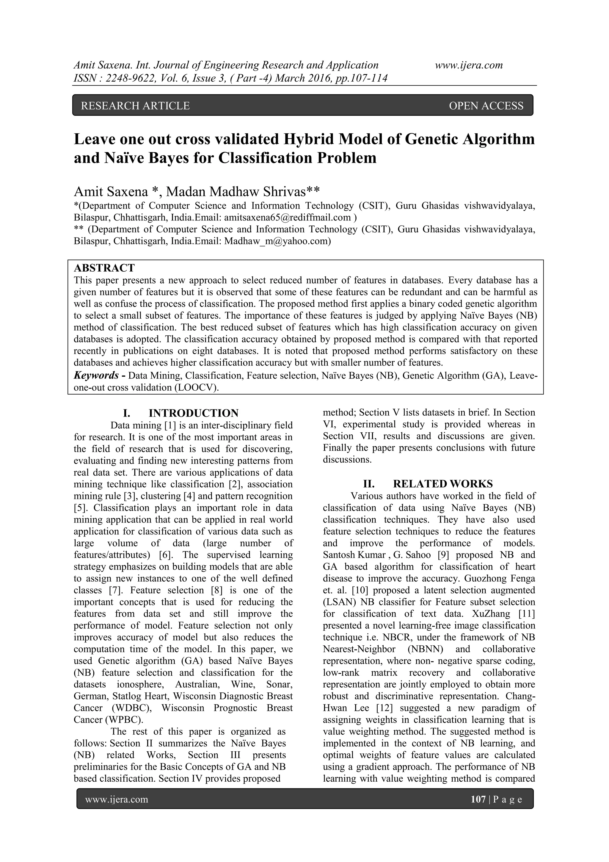 Leave one out cross validated Hybrid Model of Genetic Algorithm and Naïve Bayes for ...