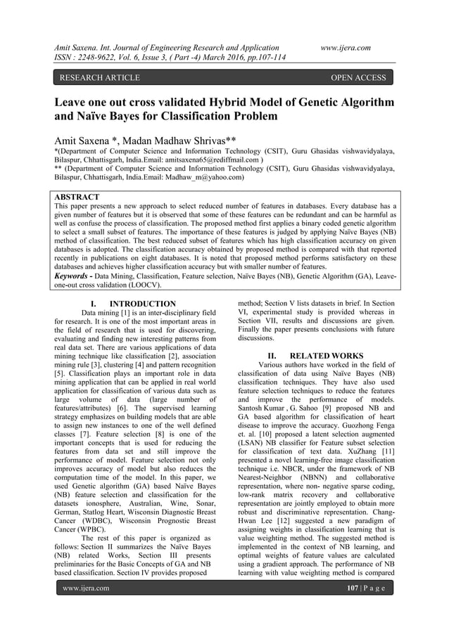 Leave One Out Cross Validated Hybrid Model Of Genetic Algorithm And