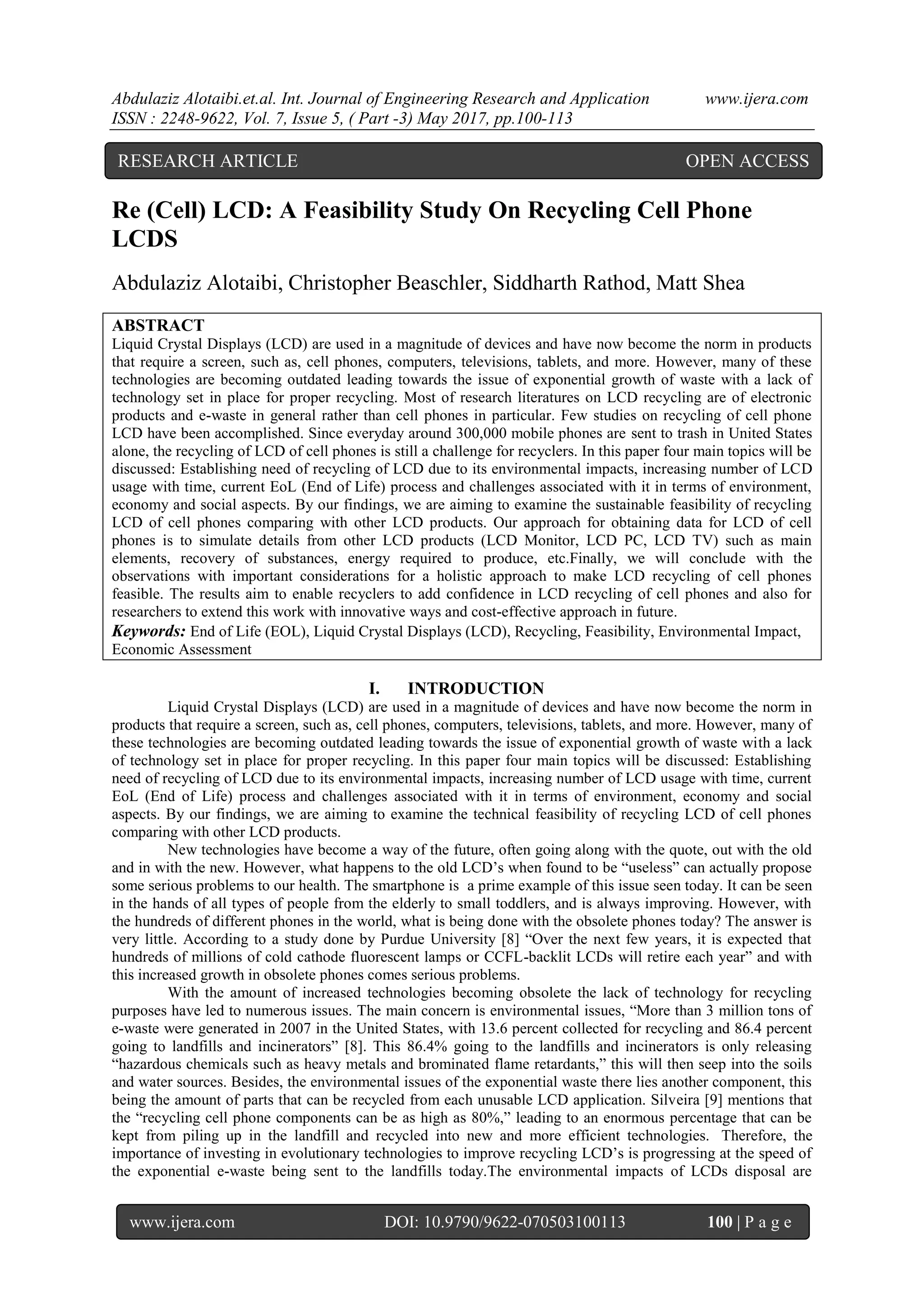 Re (Cell) LCD: A Feasibility Study On Recycling Cell Phone LCDS | PDF