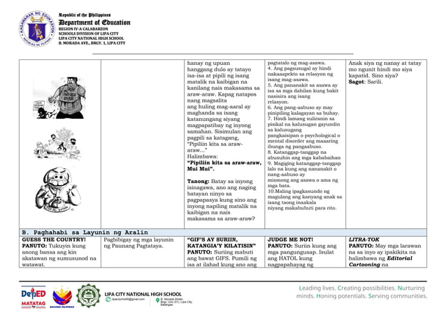 UNANG MARKAHAN SA FILIPINO 9 ARAWANG TALA SA PAGTUTURO | DOCX
