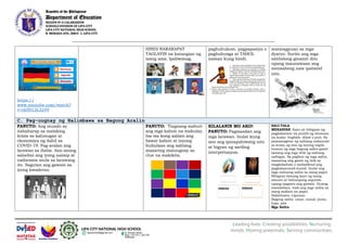 UNANG MARKAHAN SA FILIPINO 9 ARAWANG TALA SA PAGTUTURO | DOCX