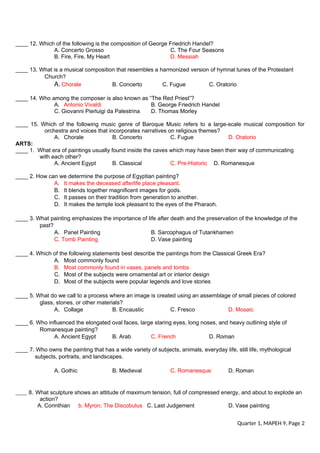 FIRST QUARTER EXAMINATION MUSIC ART P.E AND HEALTH | DOCX