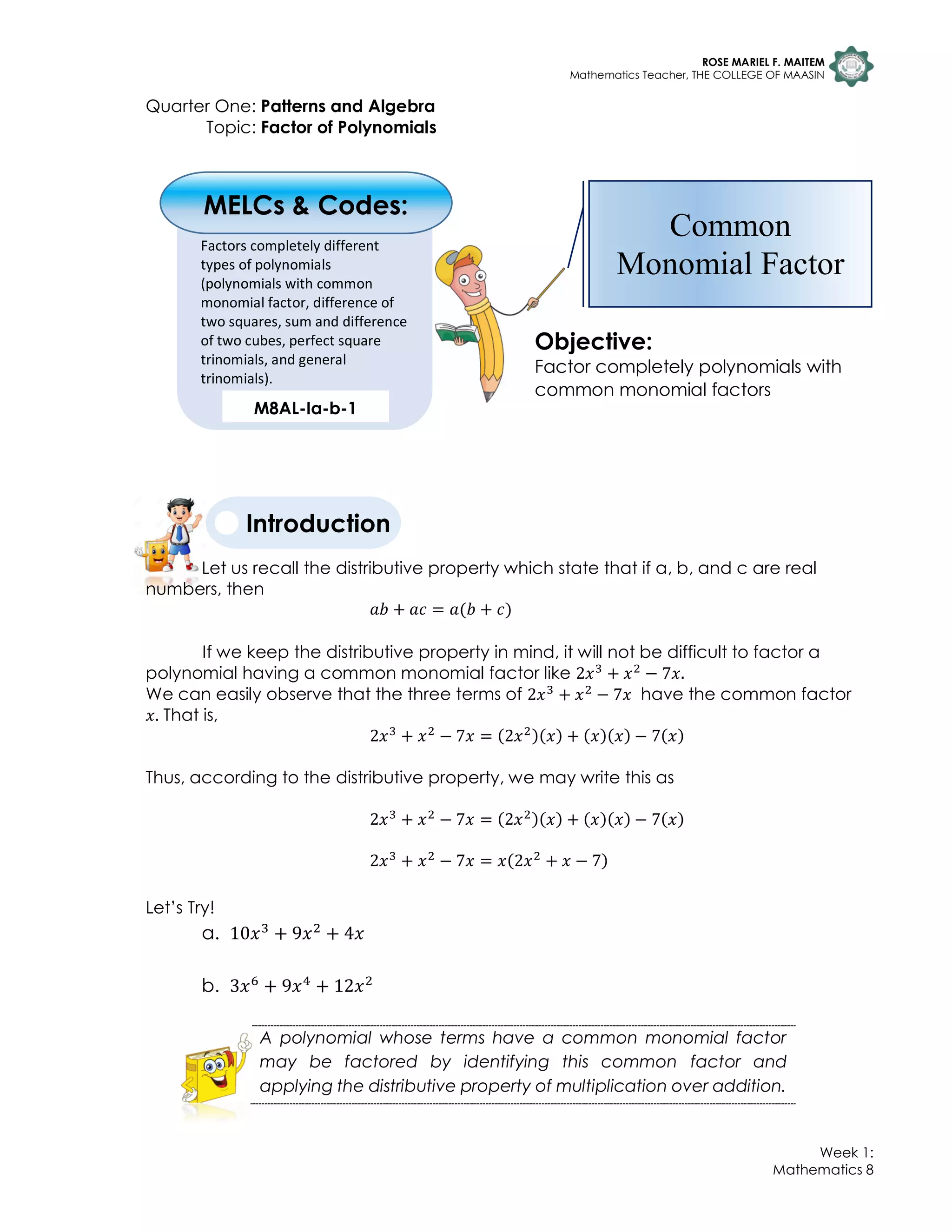 Q1 week 1 (common monomial,sum & diffrence of two cubes,difference of two squares) | PDF