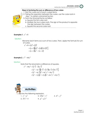 Q1 week 1 (common monomial,sum & diffrence of two cubes,difference of ...