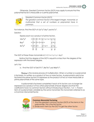 Q1 week 1 (common monomial,sum & diffrence of two cubes,difference of ...